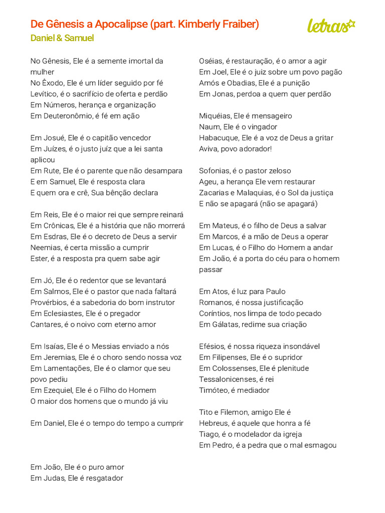 DE GÊNESIS A APOCALIPSE (PART. KIMBERLY FRAIBER) - Daniel & Samuel ...