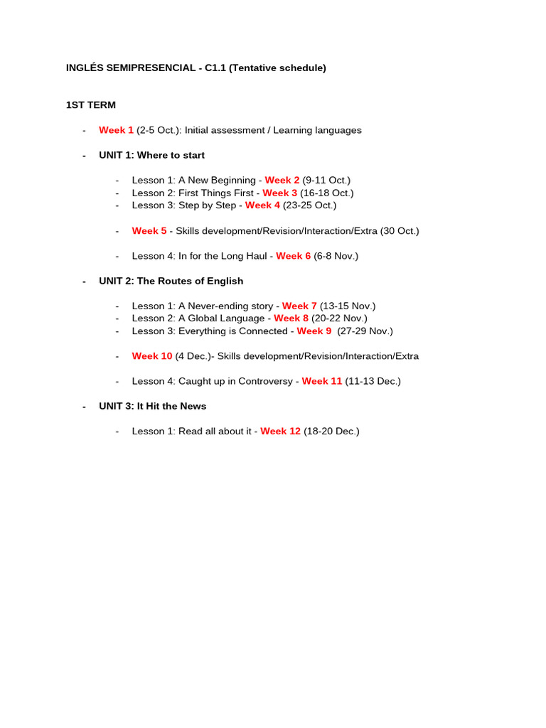 C1.1 Semi-Presential English Schedule | PDF