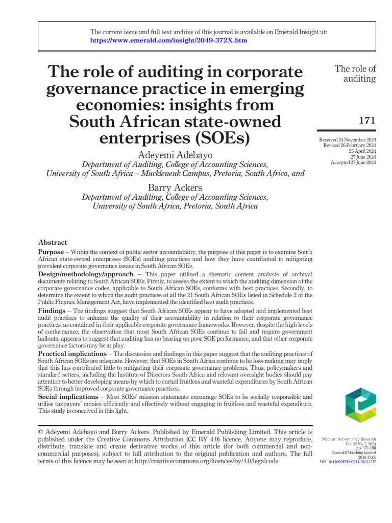 The Role of Auditing in Corporate Governance Practice in Emerging Economies: Insights From South ...