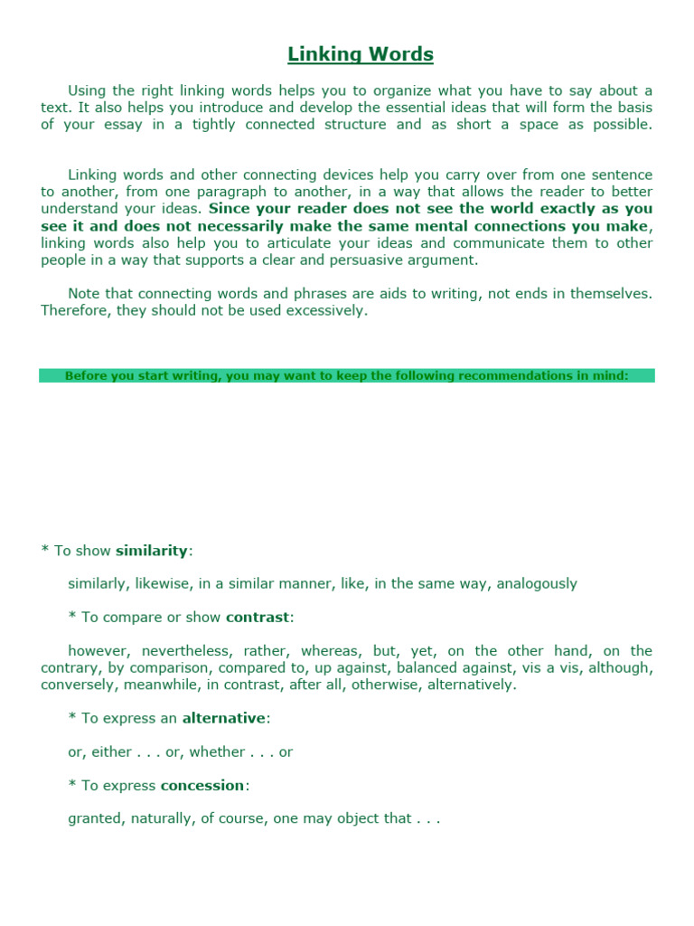 Linking Words On An Essay Writing | PDF | Essays | Thought