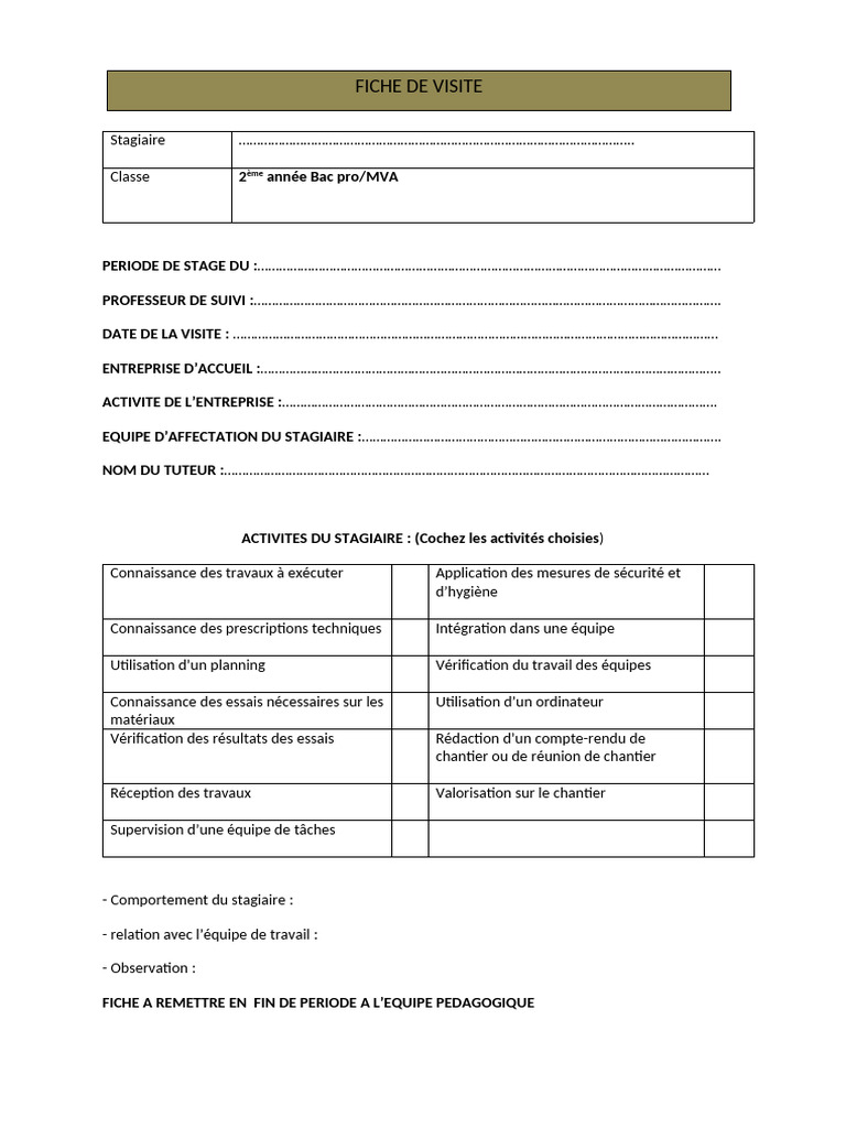 Fiche de visite de stage MVA | PDF | Technologie et ingénierie