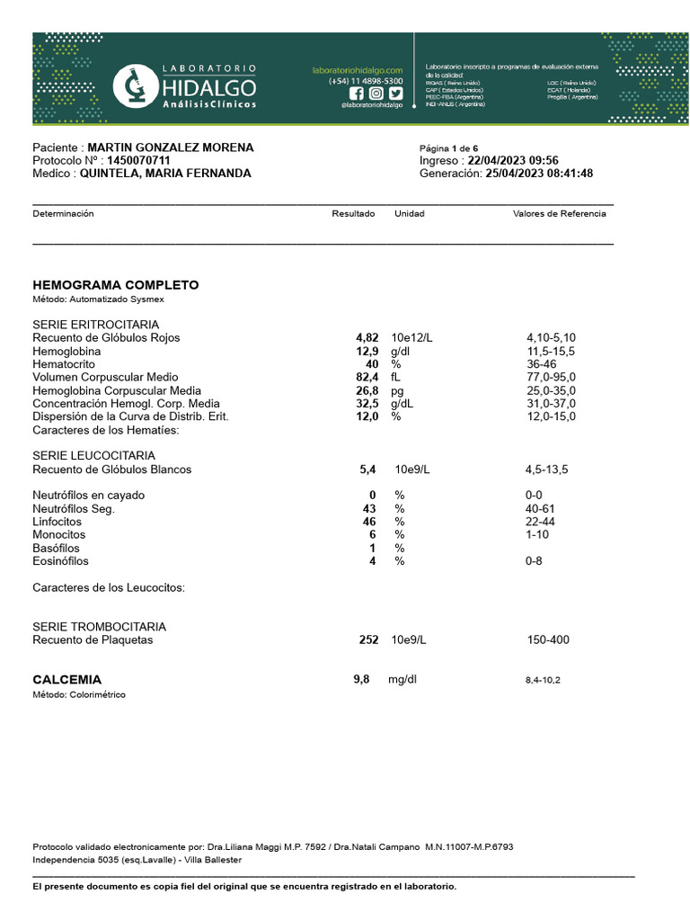 Análisis Clínico Completo de Martín González | PDF | Leucocito | Colesterol