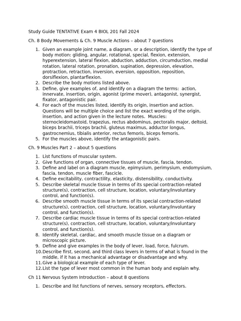 Study Guide TENTATIVE Exam 4 BIOL 201 Fall 20243 | PDF | Spinal Cord ...