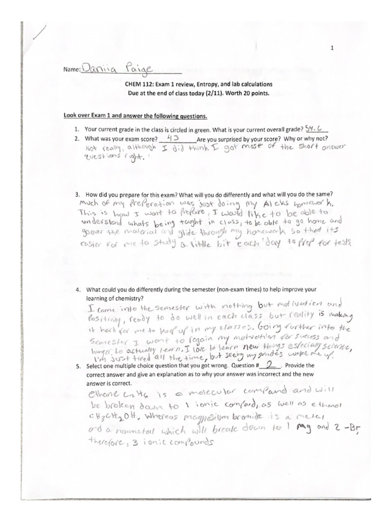 CHEM 112 Exam 1 review, Entropy, and lab calculations | PDF CHEM 112 Exam 1 review, Entropy, and lab calculations | PDF