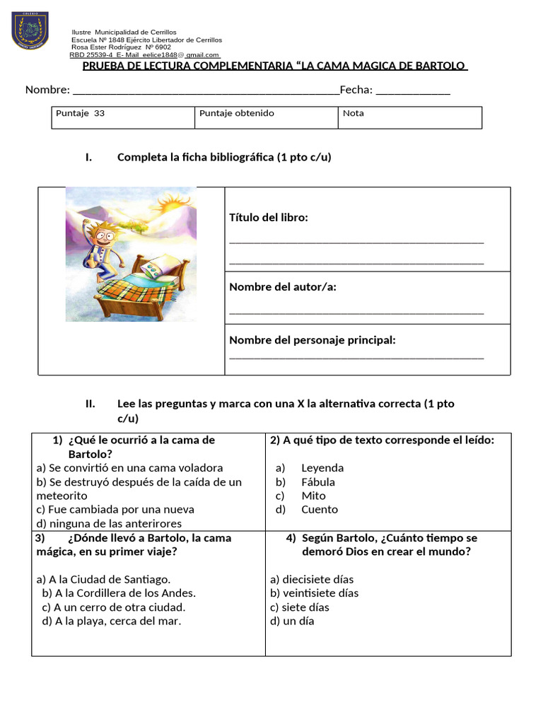 PRUEBA DE LECTURA COMPLEMENTARIA Bartolo y La Cama Magica | PDF