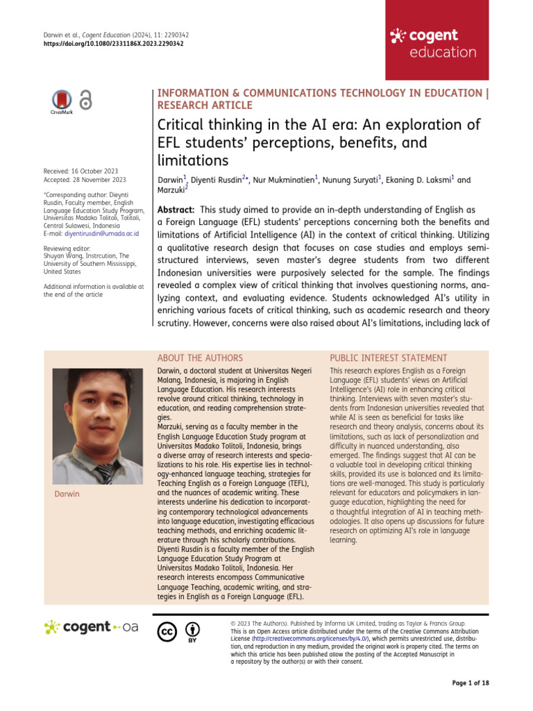 Critical Thinking in The AI Era An Exploration of | PDF | Critical ...