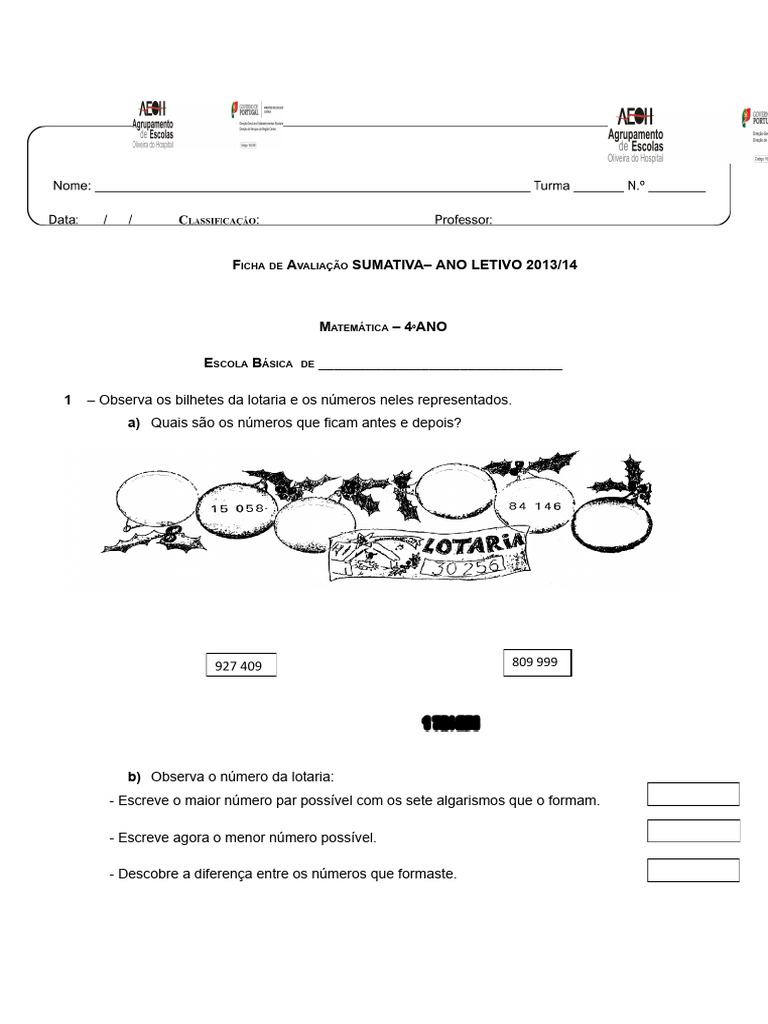 Avaliação de Matemática 4º Ano 2013/14 | PDF | Matemática