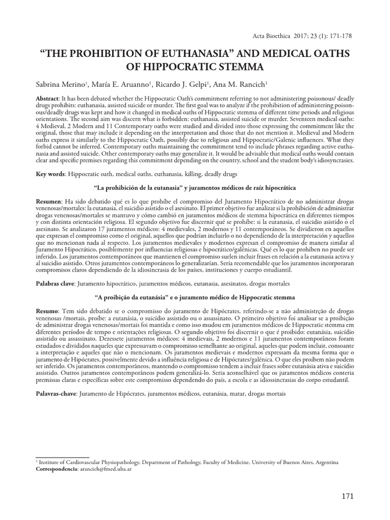 "The Prohibition of Euthanasia" and Medical Oaths of Hippocratic Stemma ...