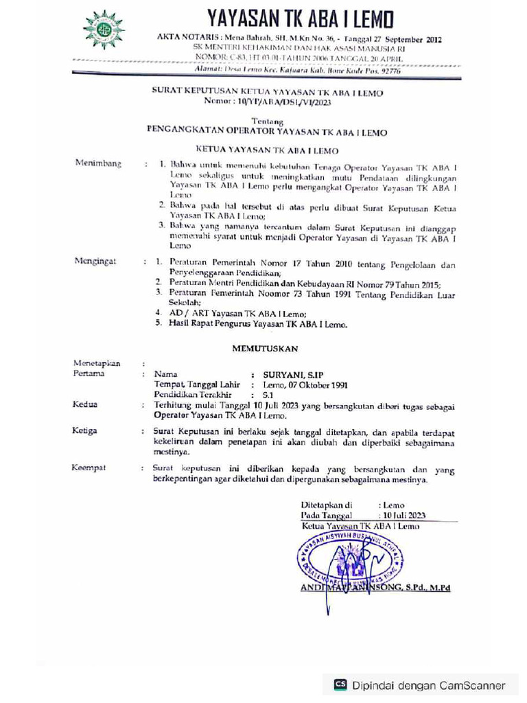 SK OPS Yayasan TK ABA I LEMO | PDF