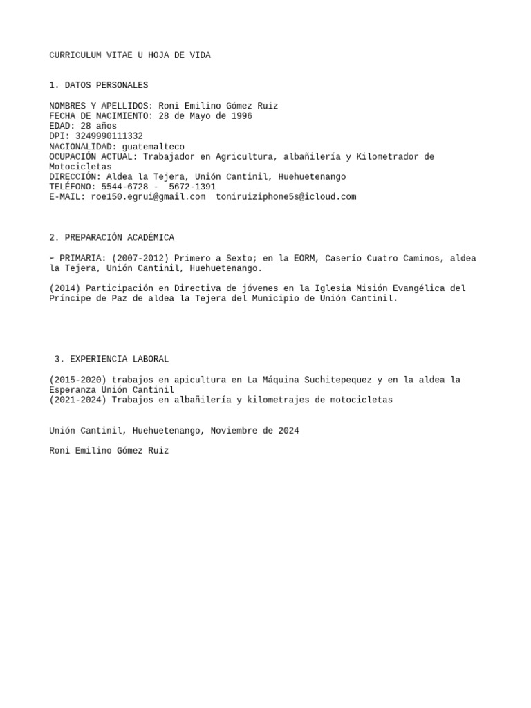 CV de Roni Emilino Gómez Ruiz | PDF