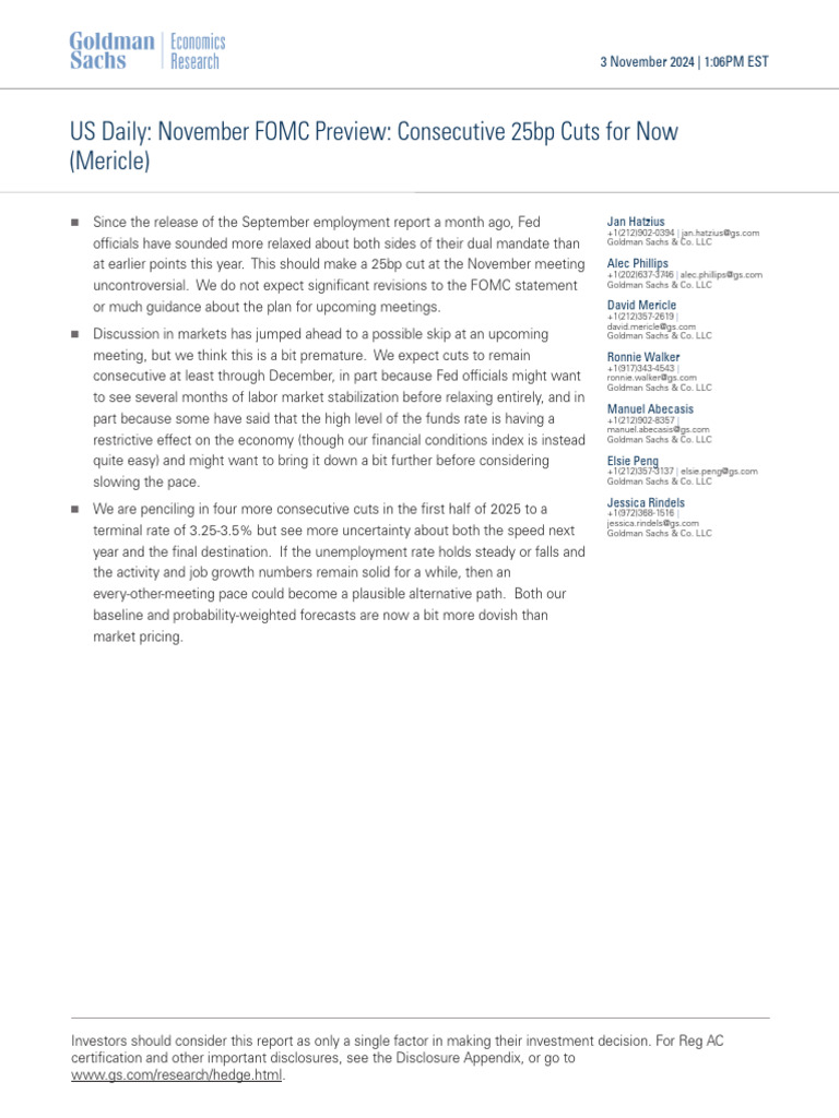 Goldman November FOMC Preview Consecutive 25bp Cuts For Now | PDF | Securities (Finance ...