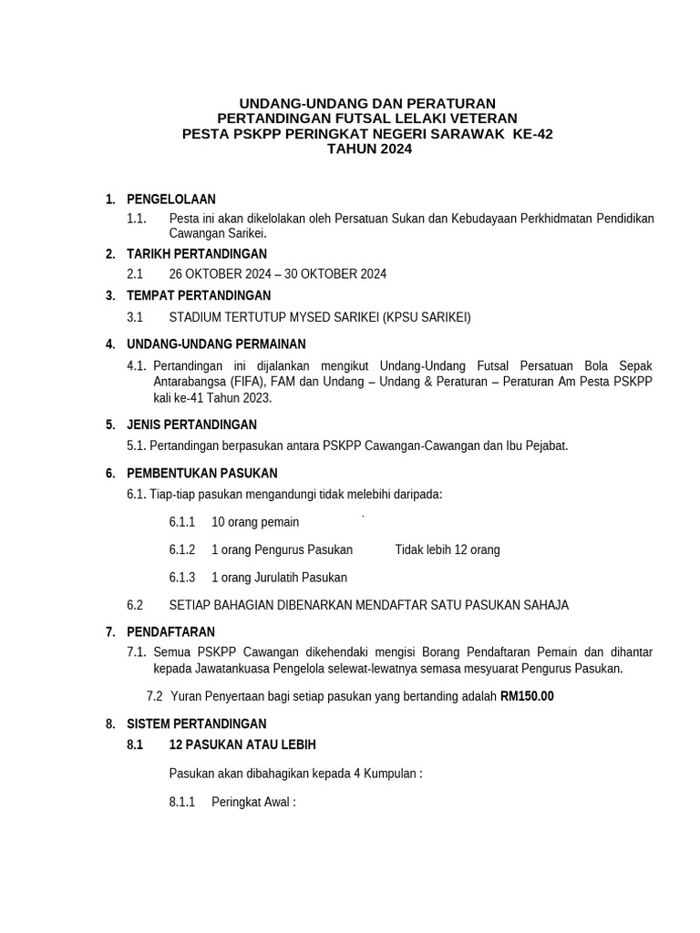 Kertas Konsep Futsal Lelaki PSKPP Sarawak Tahun 2024 | PDF