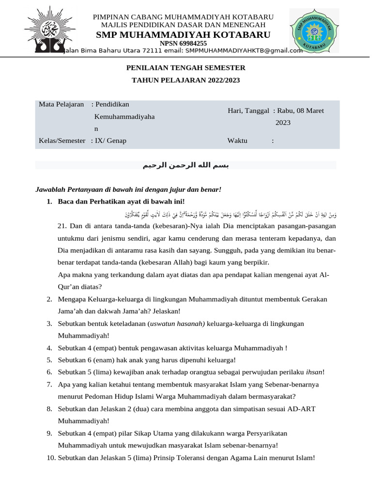 PTS Kelas 9 Genap 2023 | PDF