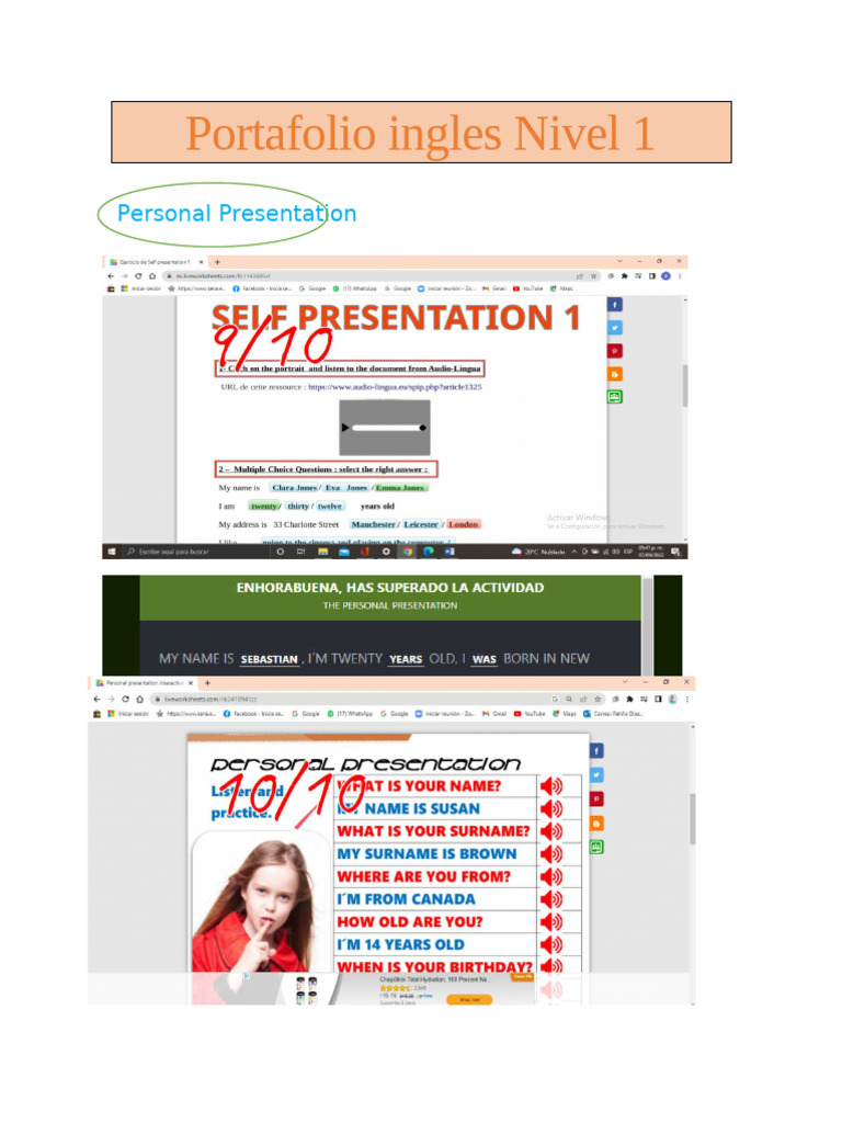 English Level 1 Portfolio Topics | PDF