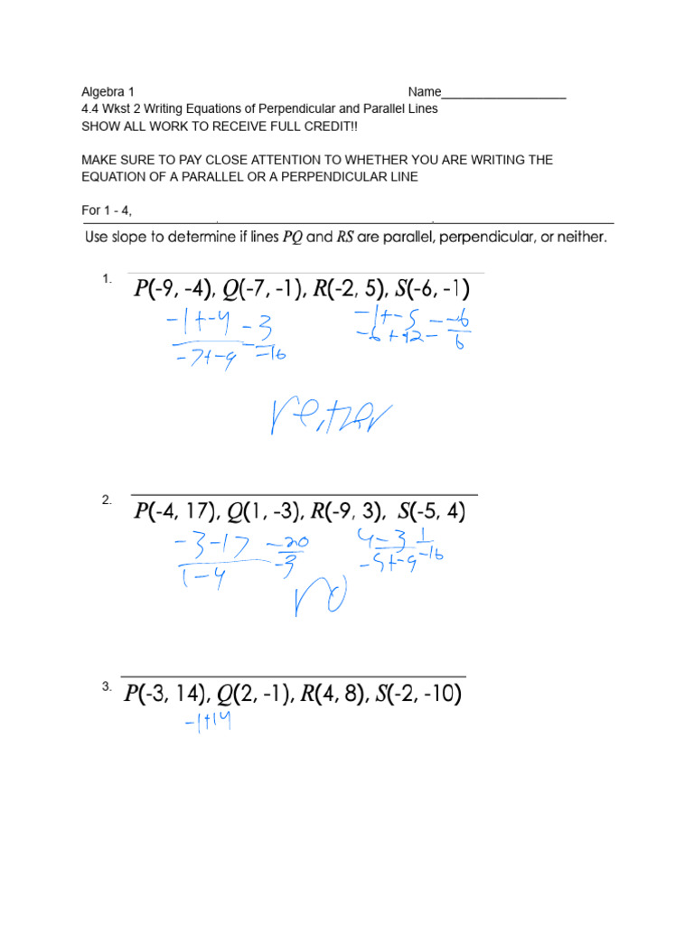 4.4 WKST 2 Writing Equations of Perpendicular Lines | PDF