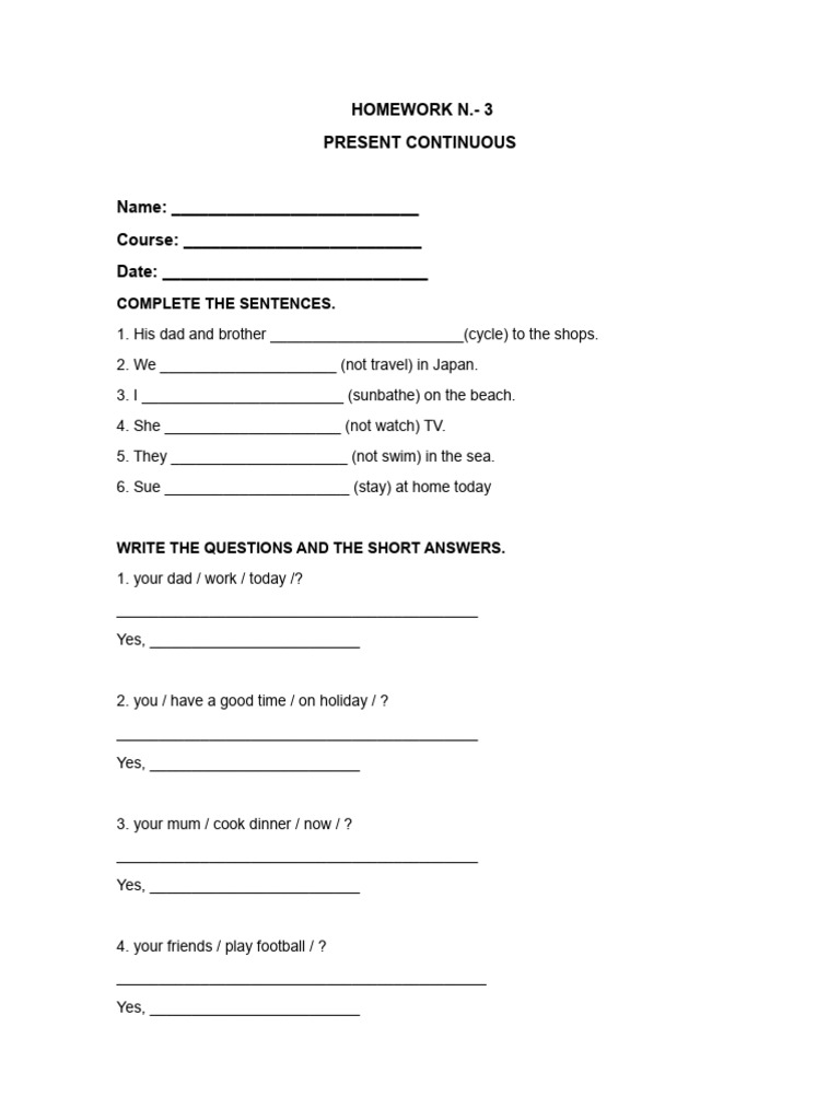 Present Continuous Homework | PDF
