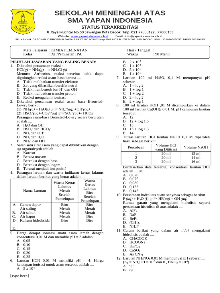Soal PAT Kimia Kelas XI | PDF