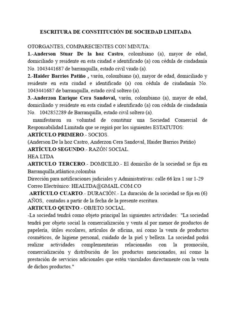 Escritura de Constitución de Sociedad Limitada Hea | PDF | Quórum | Presupuesto