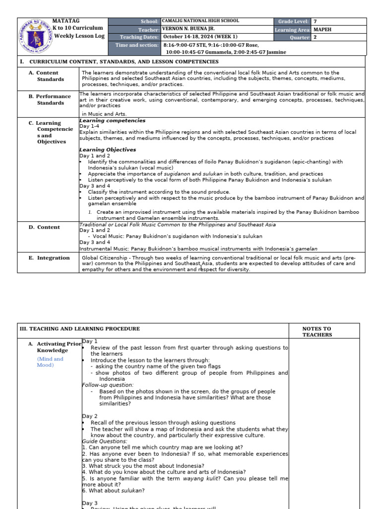 DLL Matatag - Mapeh Q2 M&a W1 | PDF | Human Communication | Behavior Modification