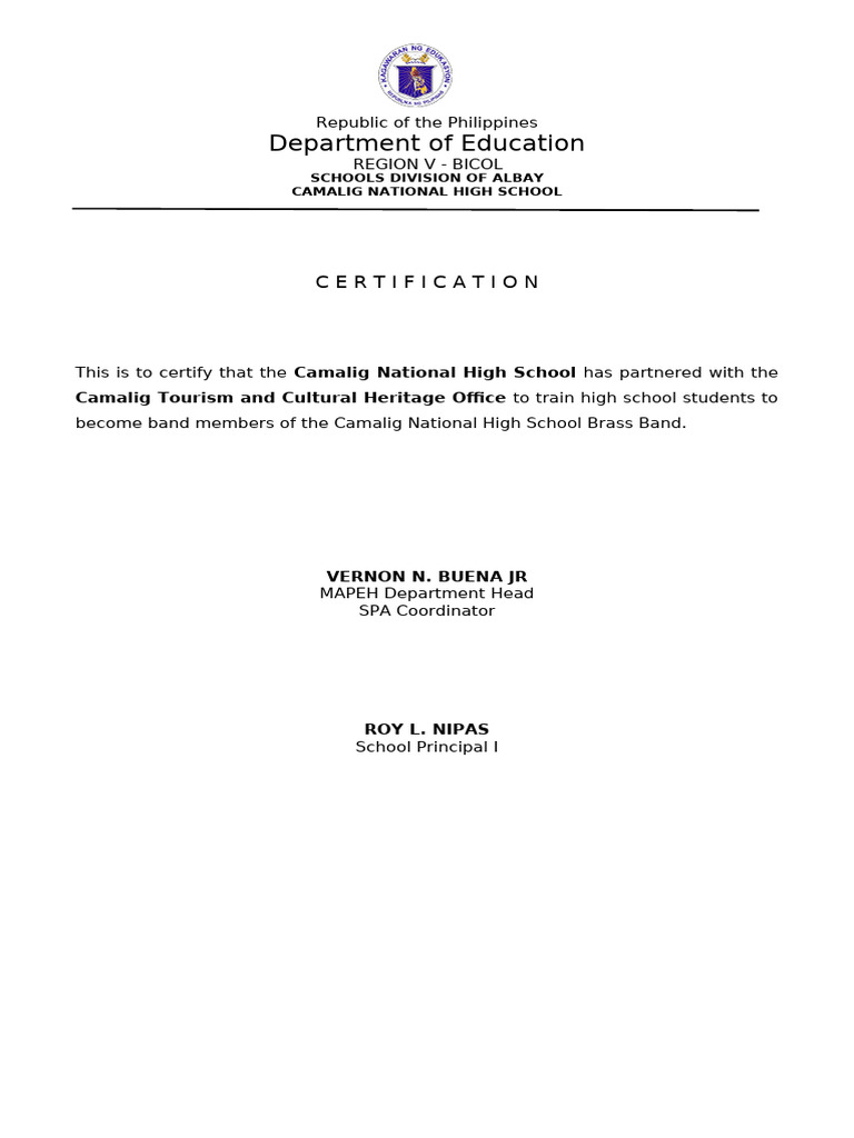 Camalig National High School Brass Band Certification | PDF
