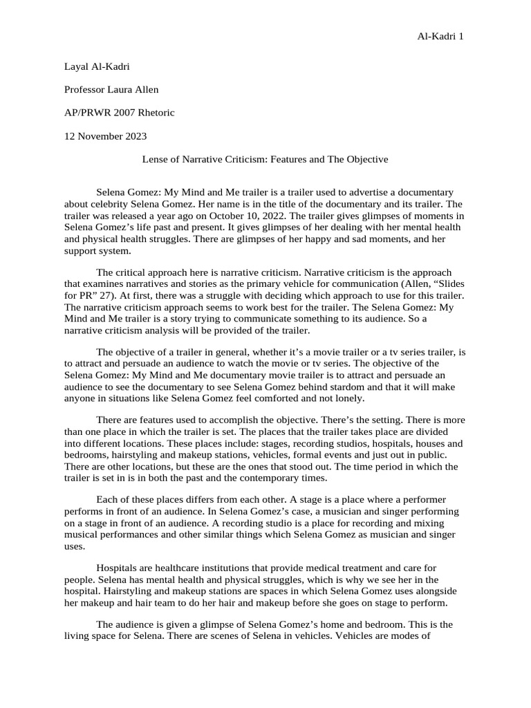 Rhetorical Criticism Essay - Layal Al-Kadri | PDF | Language Arts ...
