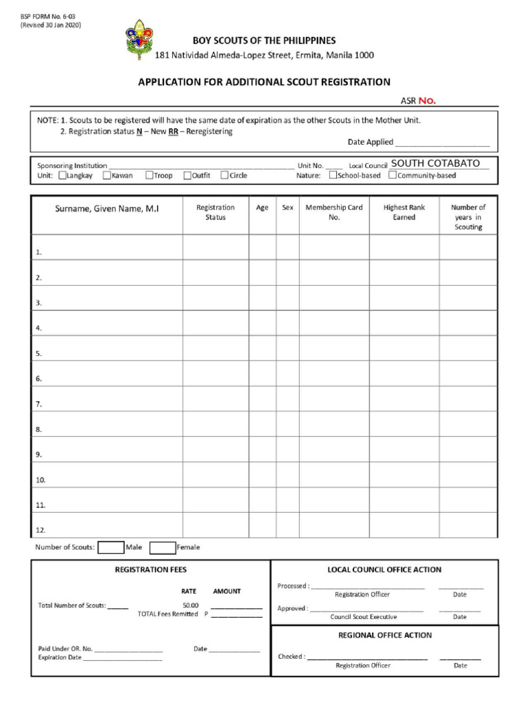 BSP AASR Form For Additional Scouts | PDF