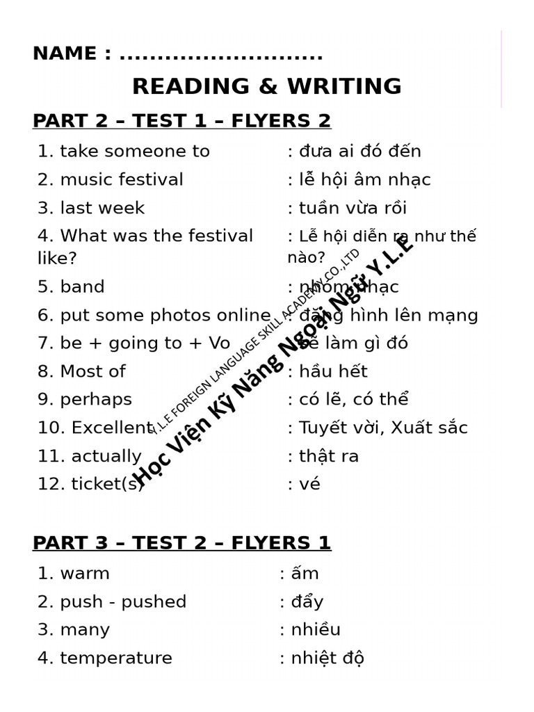 Vocab Part 2 - Test 1 - Flyers 2 | PDF
