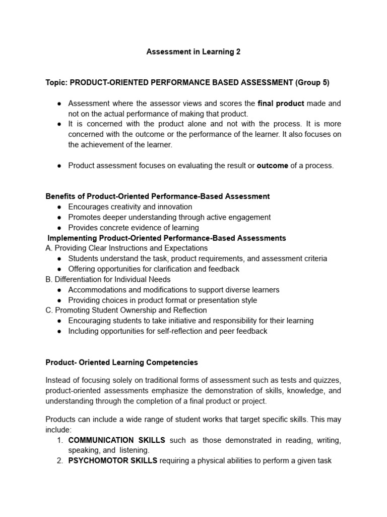 Topic 0utline Product Oriented Performance Based Assessment Group 5 | PDF | Educational ...