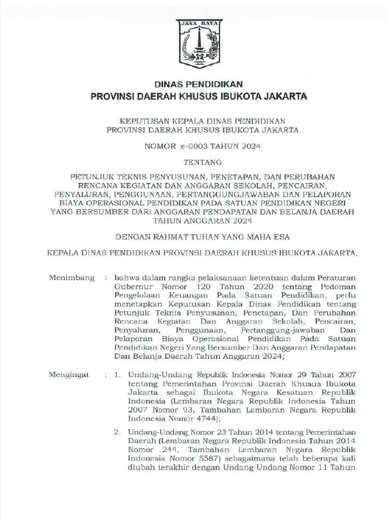 PDF SK Kadisdik e 0003 Tahun 2024 Tentang Juknis Bop Ta 2024 | PDF