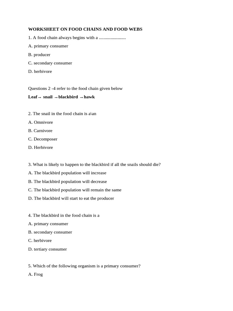 Worksheet Food Chains and Food Webs | PDF
