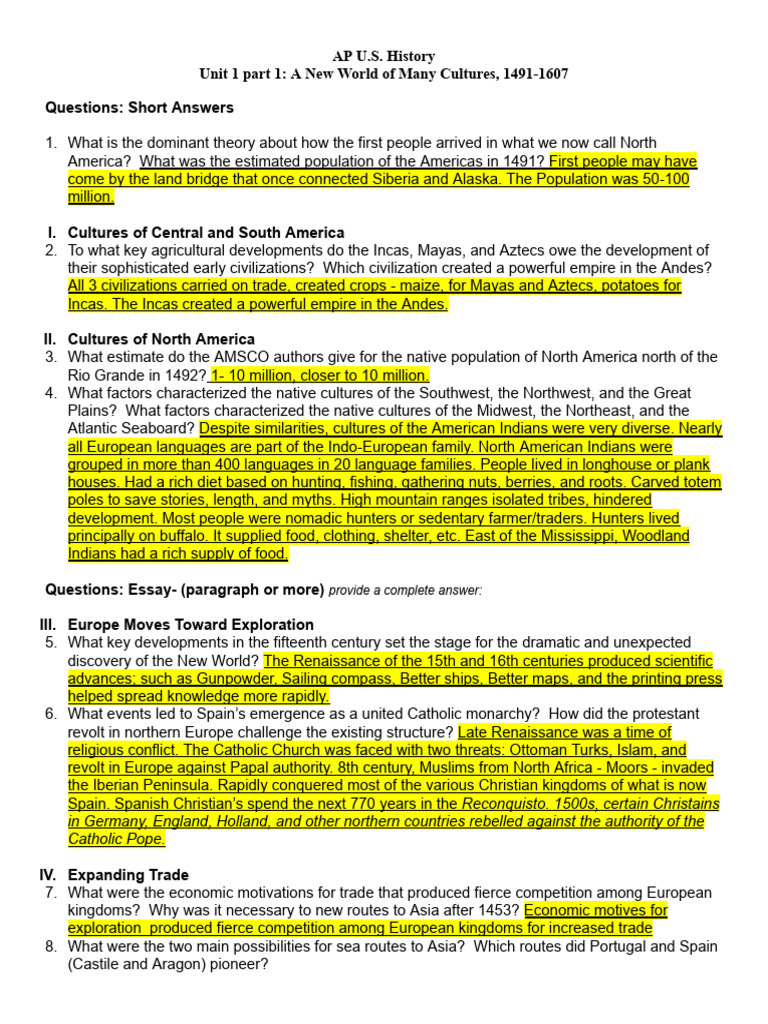 AP U.S. History: Cultures & Exploration 1491-1607 | PDF | Spanish ...