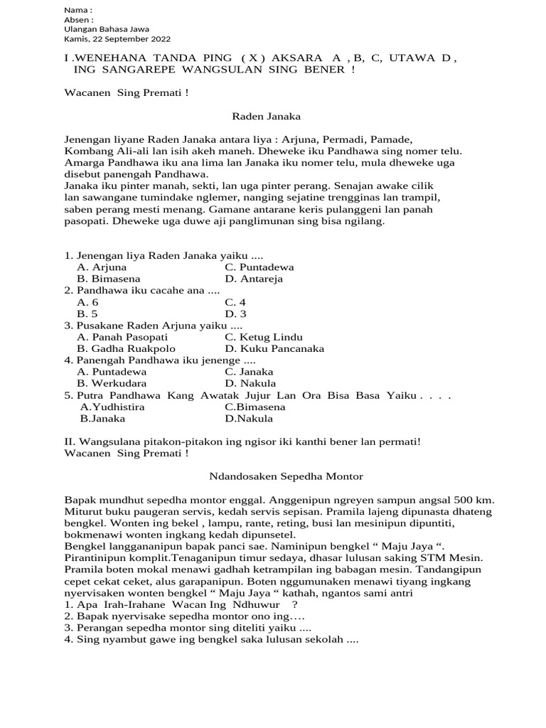 Ulangan Bahasa Jawa | PDF