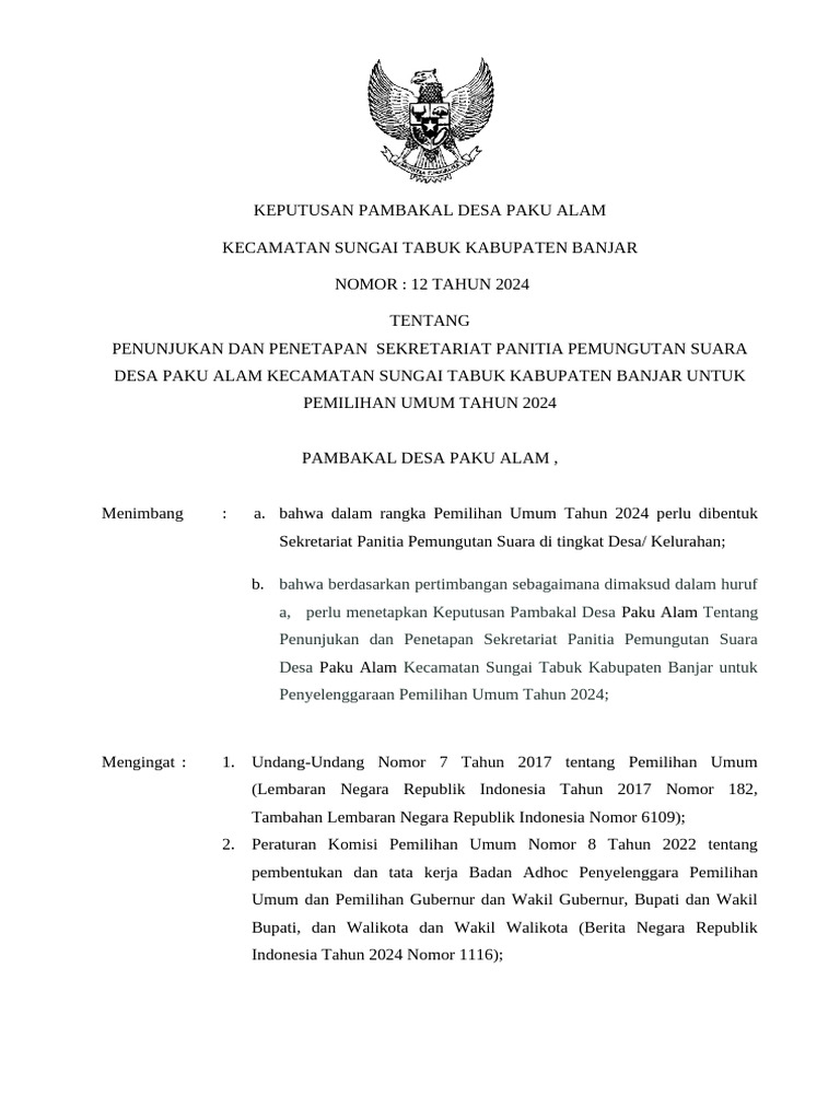 SK Sekretariat PPS Sungai Bangkal 2024 | PDF