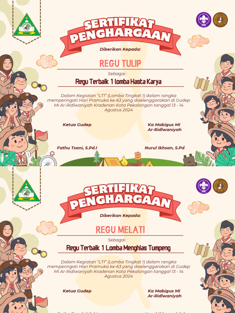 Beige Ilustrasi Piagam Penghargaan Jambore Pramuka Sertifikat | PDF