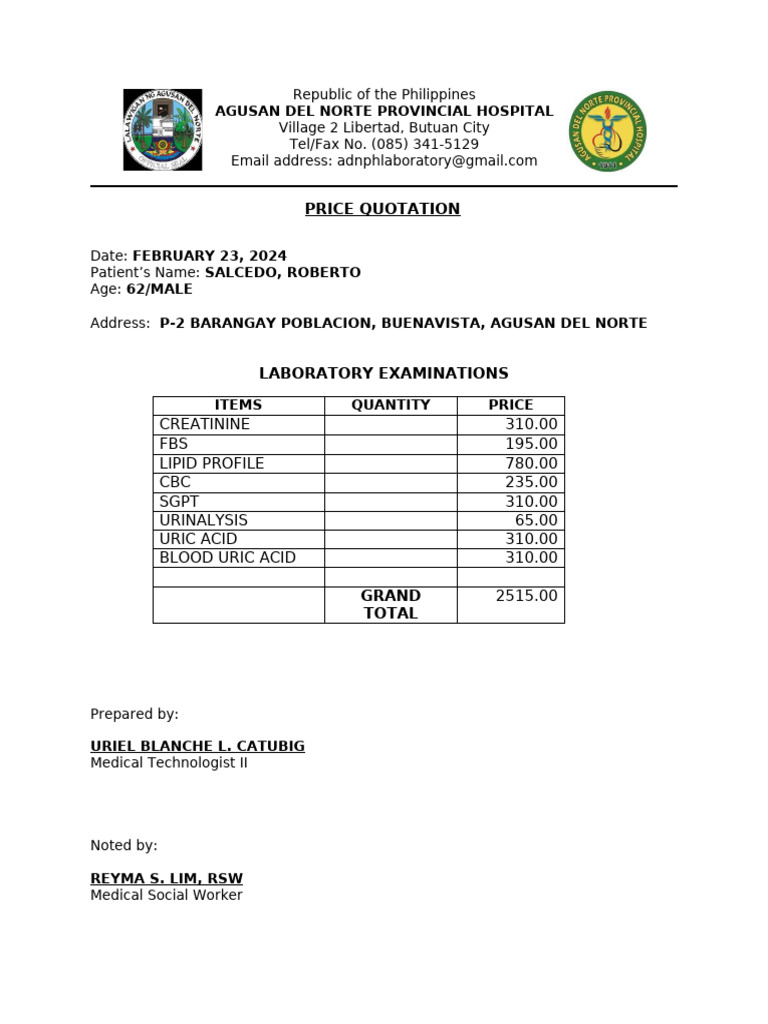 Price Quotation | PDF | Nephrology | Medical Tests