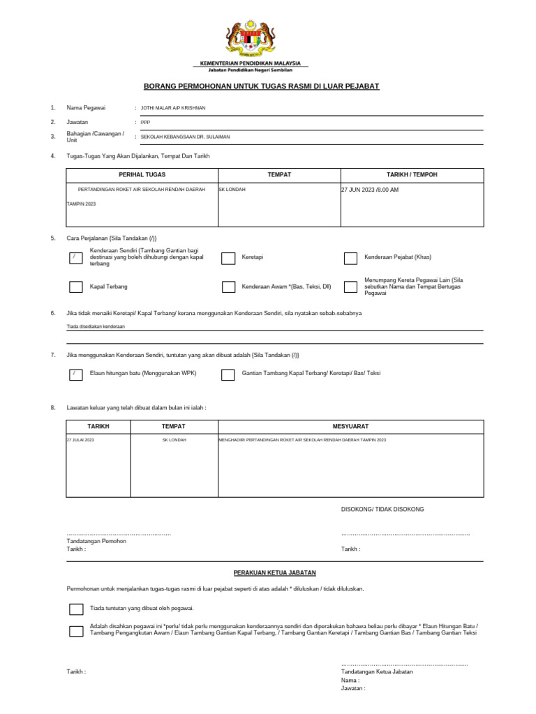 Borang Lampiran TNT Lebih 25 KM | PDF