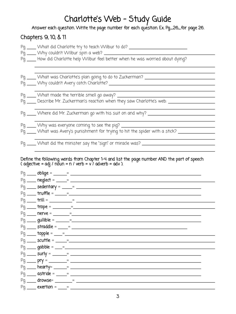 Charlotte's Web Study Guide CH 9-11 | PDF
