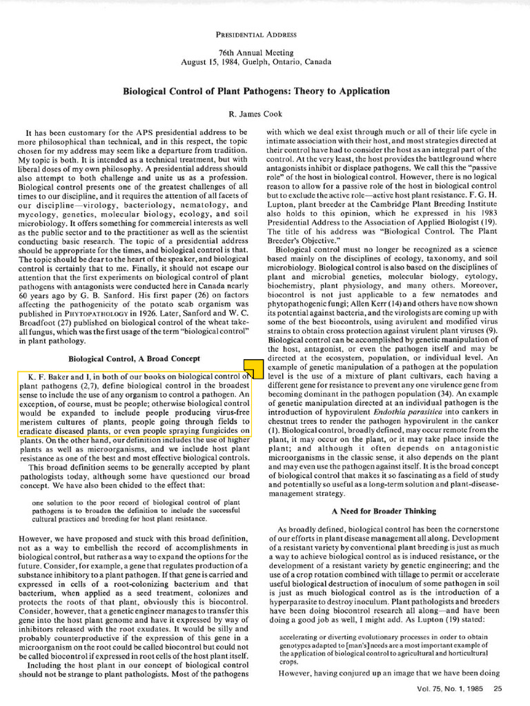 Biological Control of Plant Pathogens: Theory To Application | PDF ...