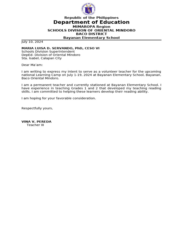 Volunteer Teacher Application for Bayanan | PDF | Teachers