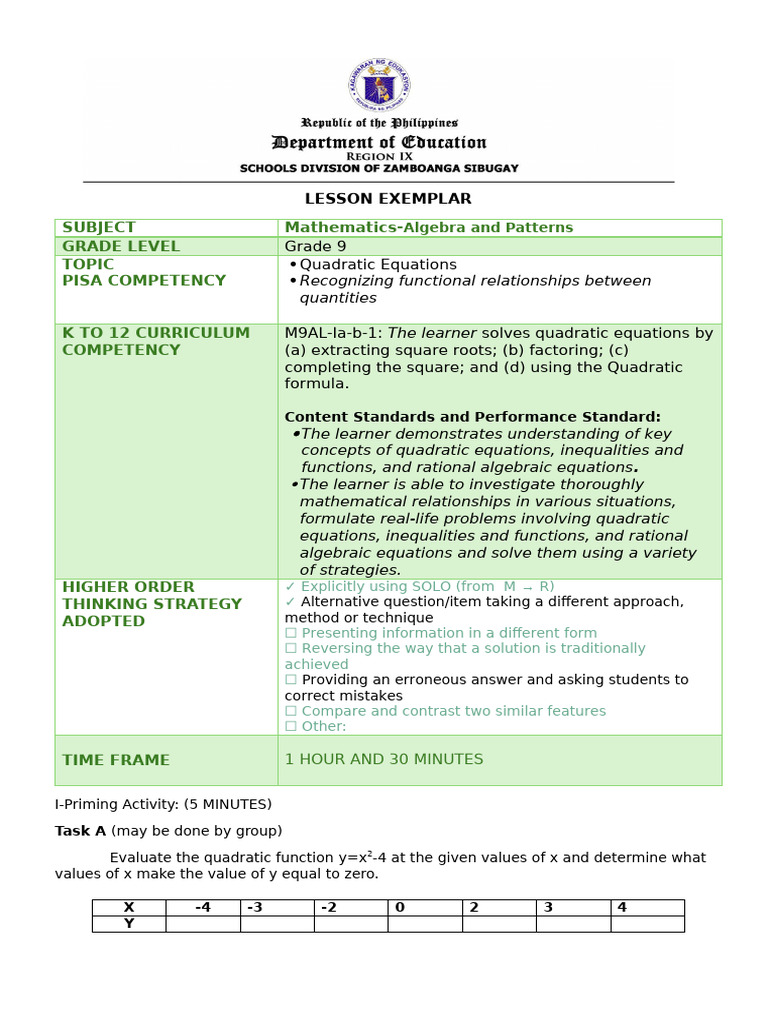 LE-MATH-9-Week 4 | PDF | Quadratic Equation | Equations