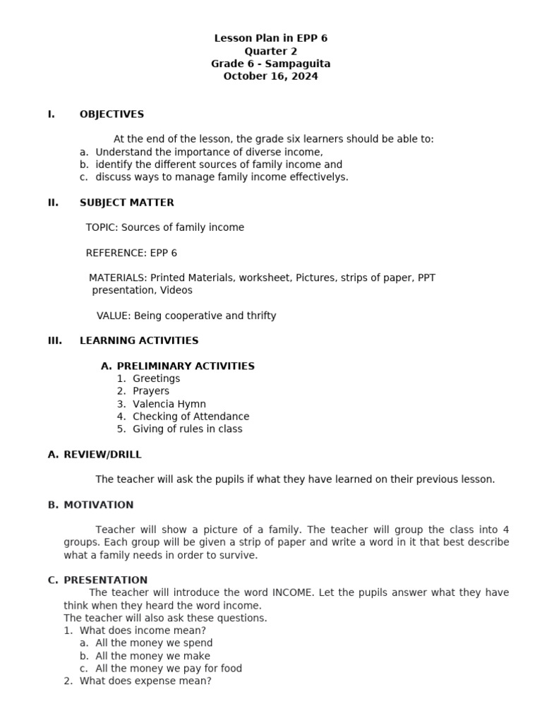 Lesson Plan in EPP 6 | PDF | Teachers | Income