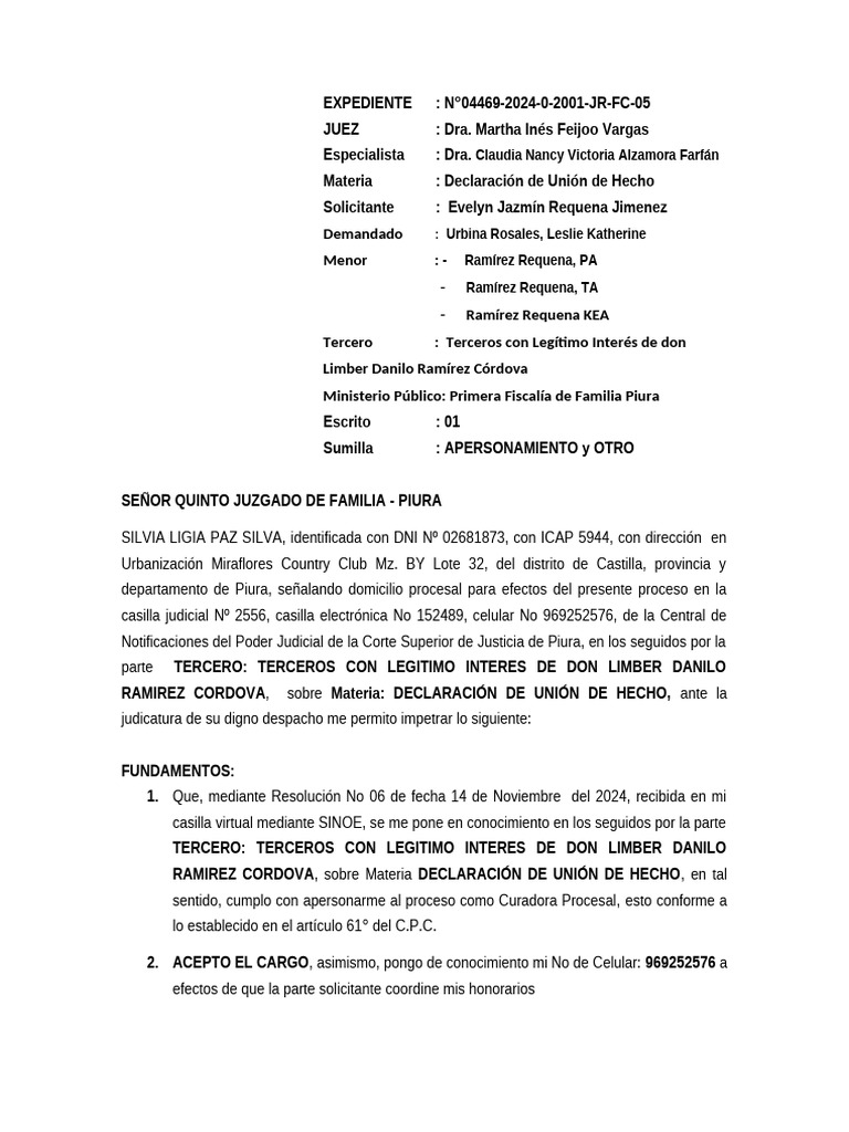 Apersonamiento y Otro de Limber Danilo Ramírez Cordova y Otros Con ...