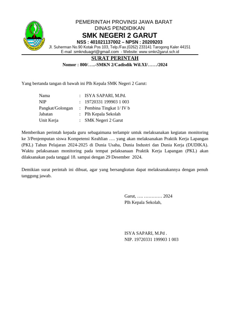 Surat Monitoring PKL SMK Negeri 2 Garut | PDF