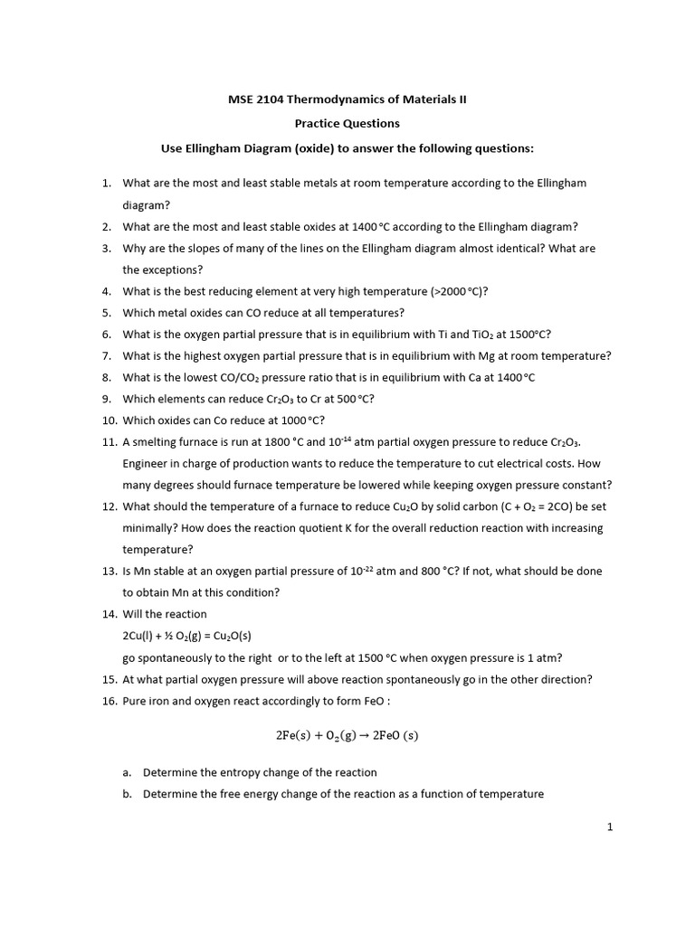 Ellingham Diagram EXERCISE | PDF | Chemical Substances | Metals