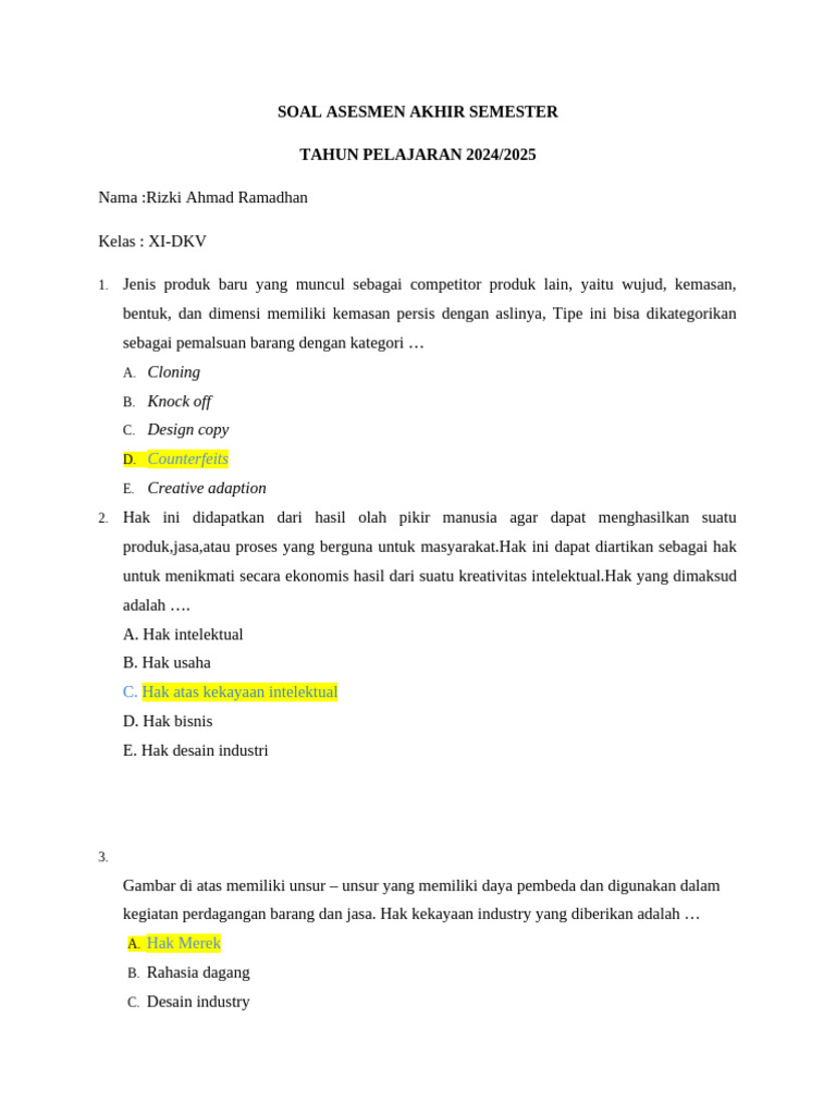 Soal Asas PKK Kelas Xi | PDF