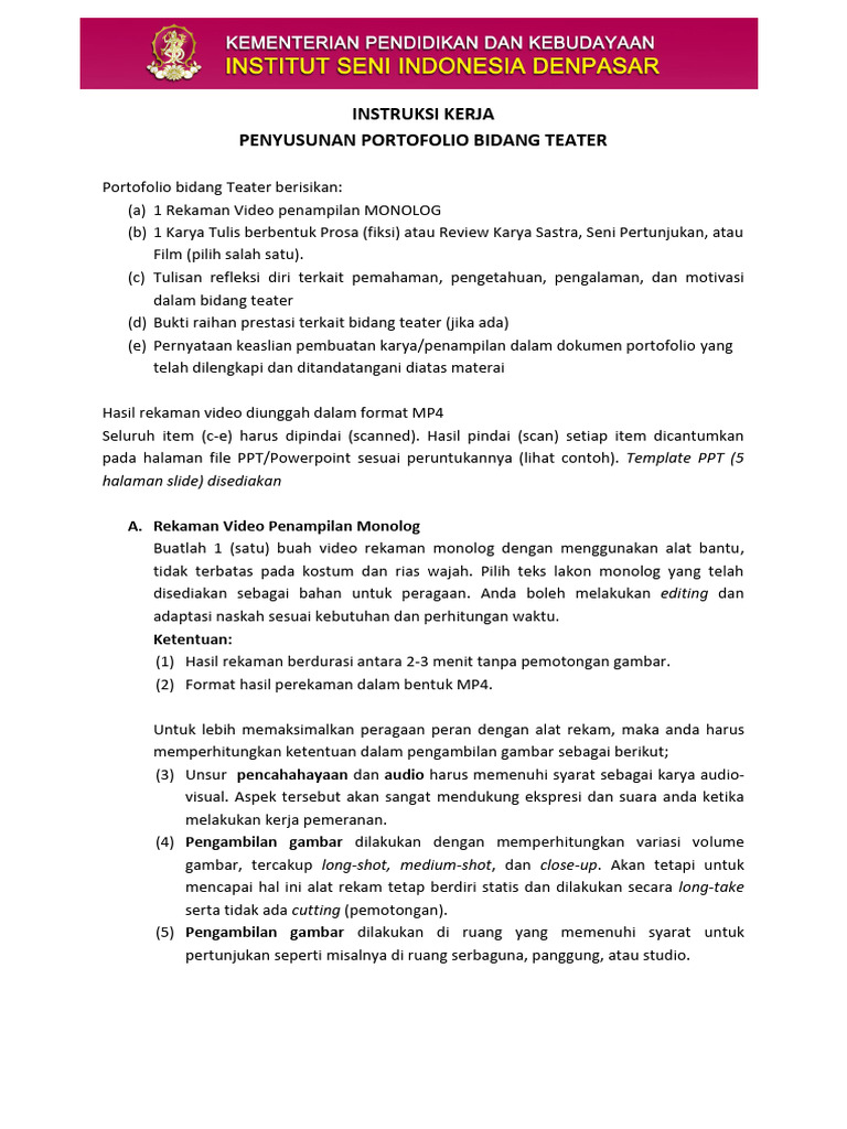 Instruksi Kerja Penyusunan Portofolio 2020 - Teater | PDF | Seni | Komputer