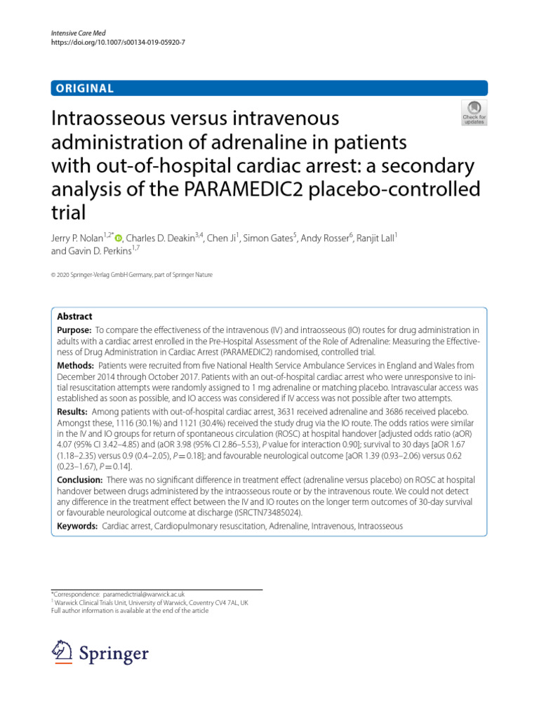 Intraosseous Versus Intravenous | PDF | Cardiopulmonary Resuscitation | Cardiac Arrest