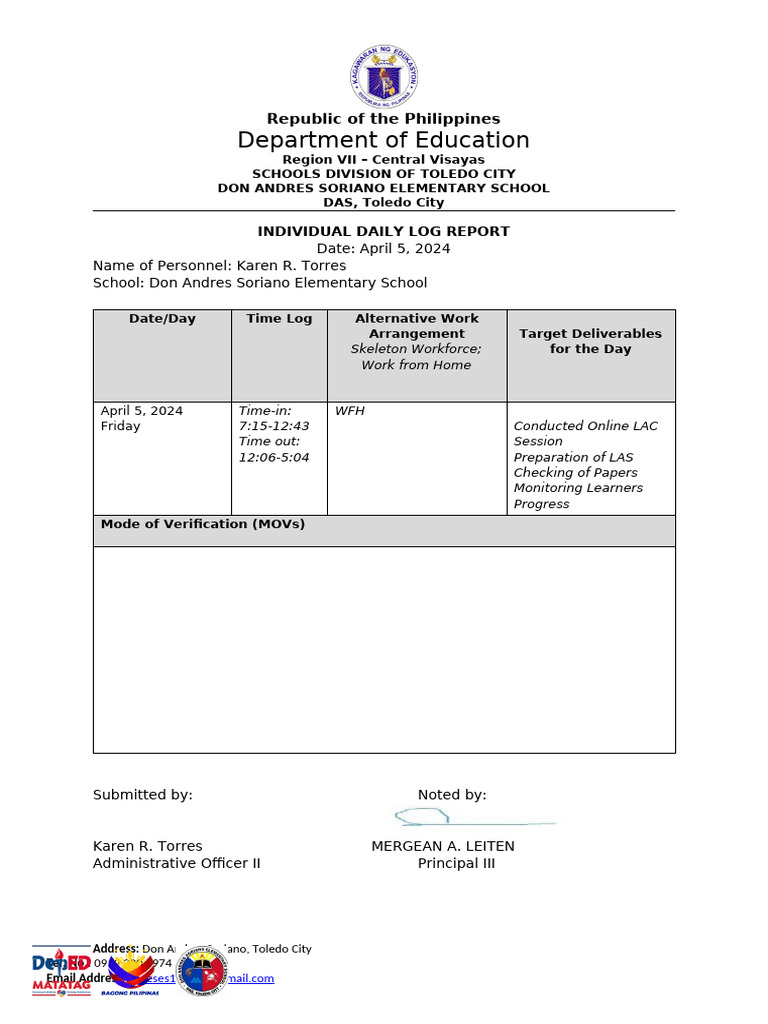 Daily Log for School Staff | PDF