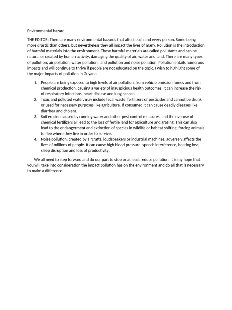 Environmental Hazard - Letter To Editor | PDF