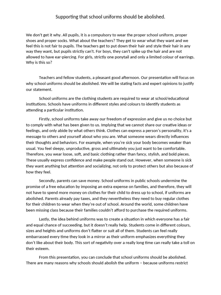 School Uniforms Should Be Abolished - Supporting | PDF